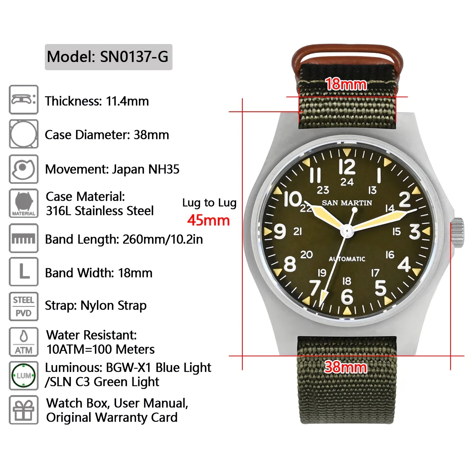 SAN MARTIN SN0137-G Automatic Bead Blasted Case 38mm 10ATM Military Pi ...